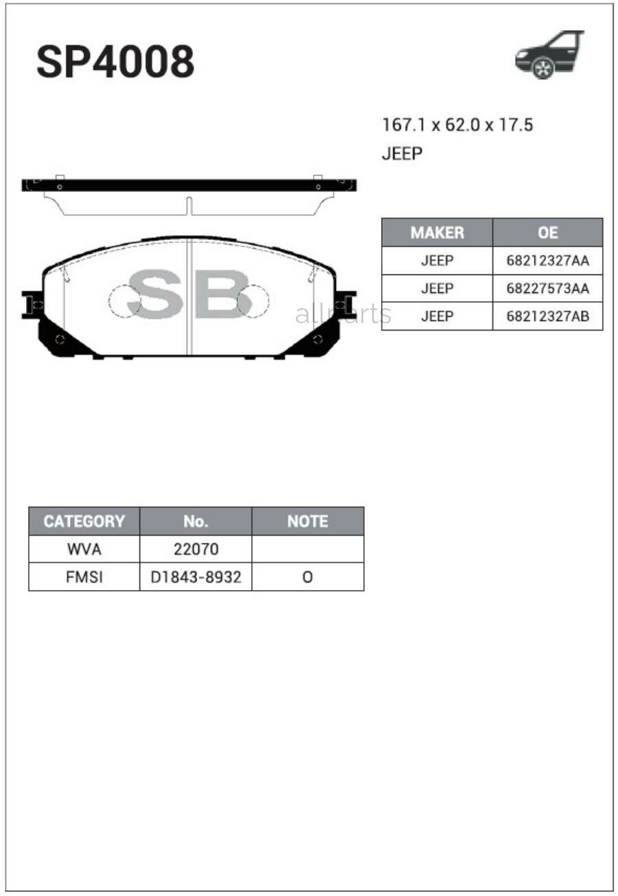 SANGSIN BRAKE SP4008 Колодки торм. дисковые Hi-Q JEEP CHEROKEE 16 (D1843)