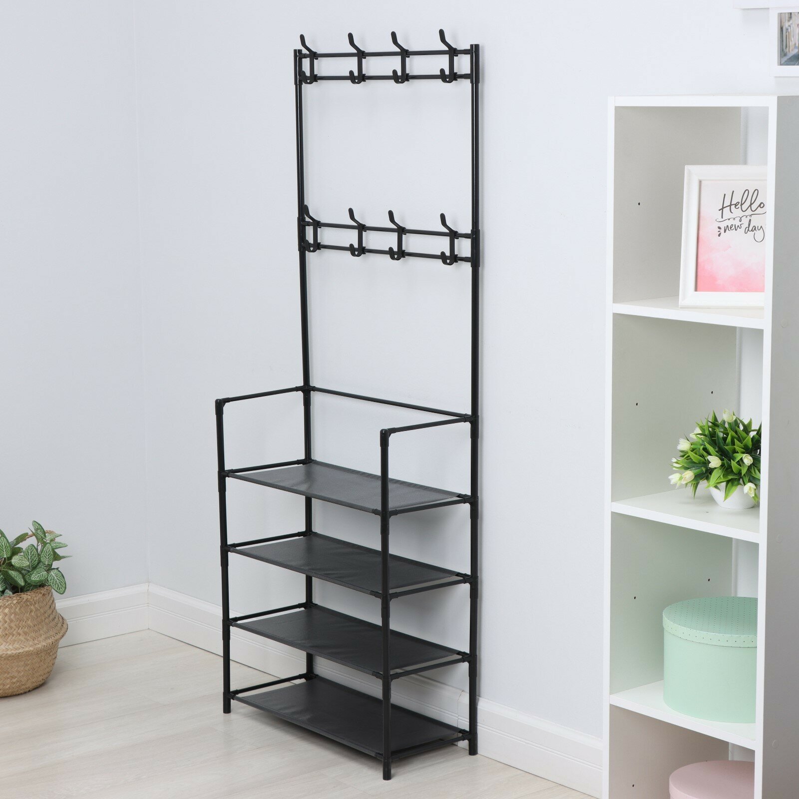 Вешалка - стойка напольная для одежды LaDom, полки для обуви, 4 яруса, 60×26×155 см, чёрная
