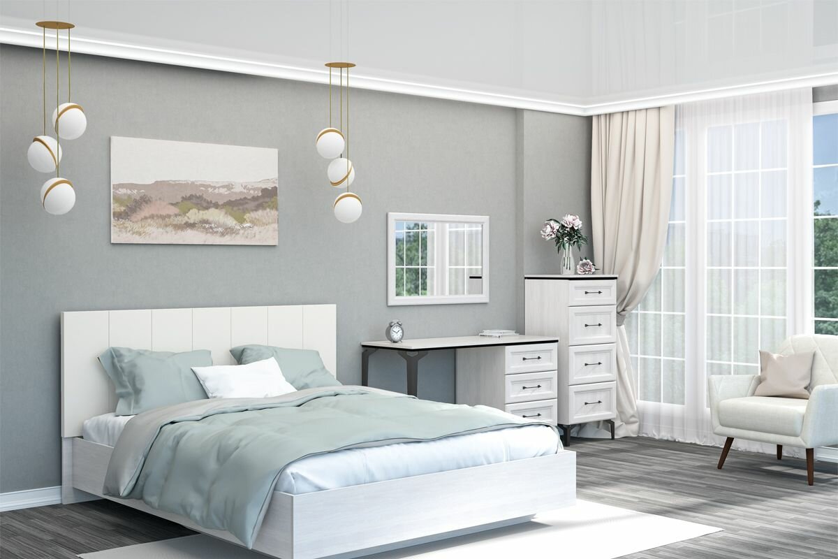 Комплект мебели для спальни "Шарм" МС (композиция №9) Экокожа Sontex milk и Ясень Анкор светлый