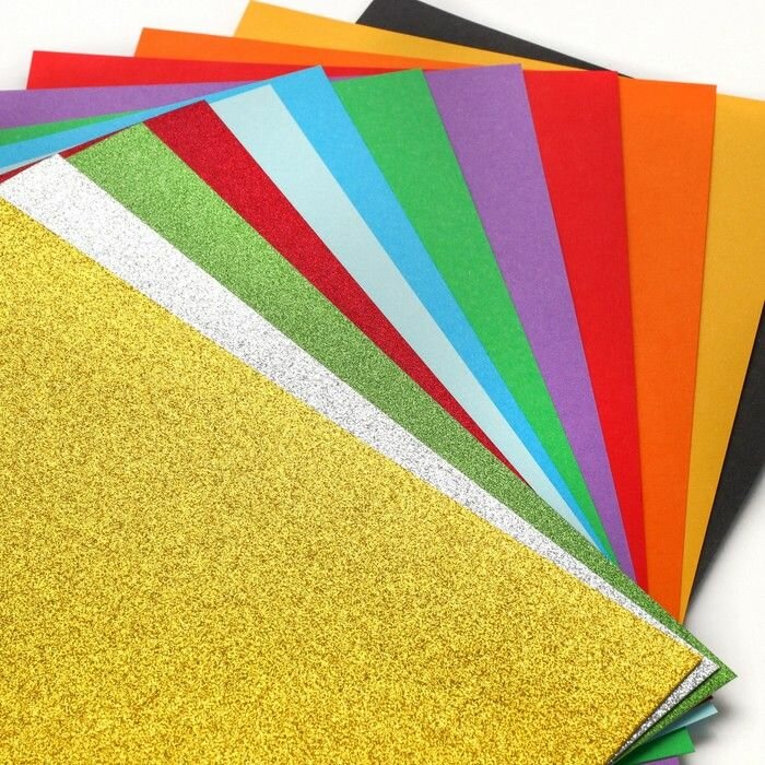 Картон цветной с блёстками для детей, формат А4, 12 листов в папке, 12 цветов, немелованный двусторонний, плотность 250 г/м 2, для поделок и аппликаций