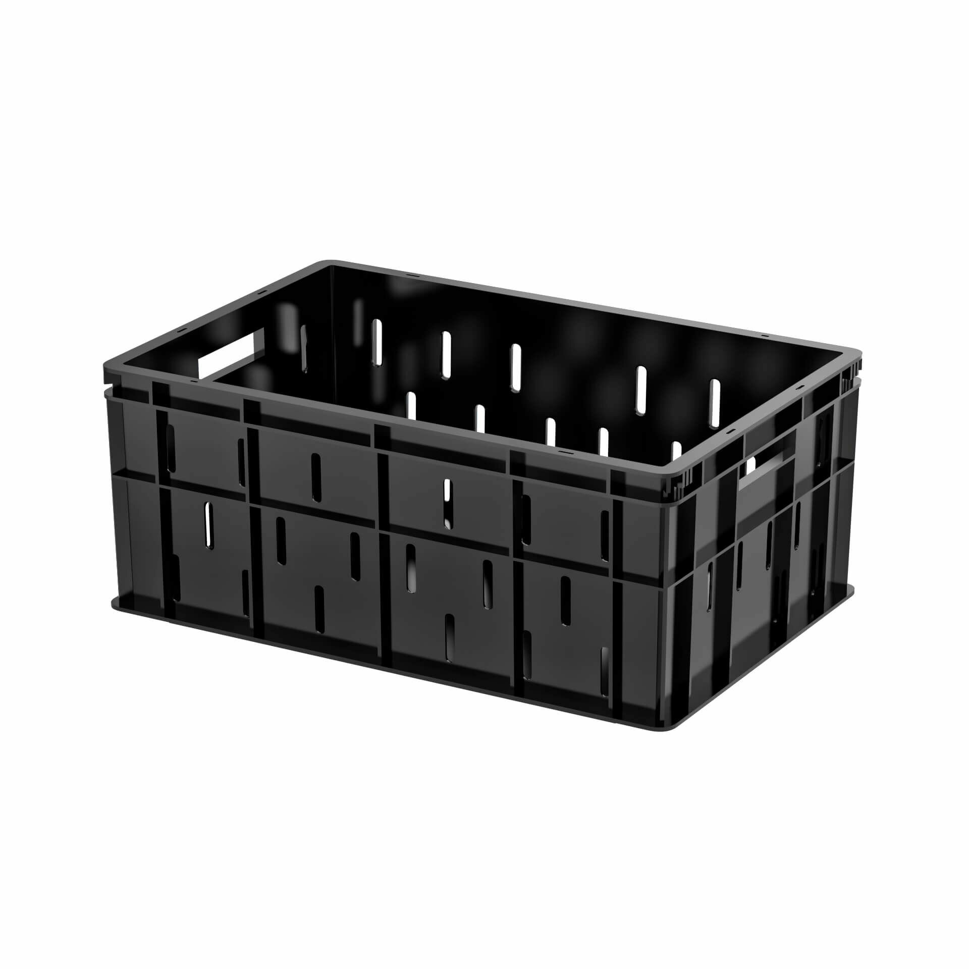 Ящик для молока, мяса, овощей и фруктов малая перфорация стенок сплошное дно черный, 600х400х250 мм