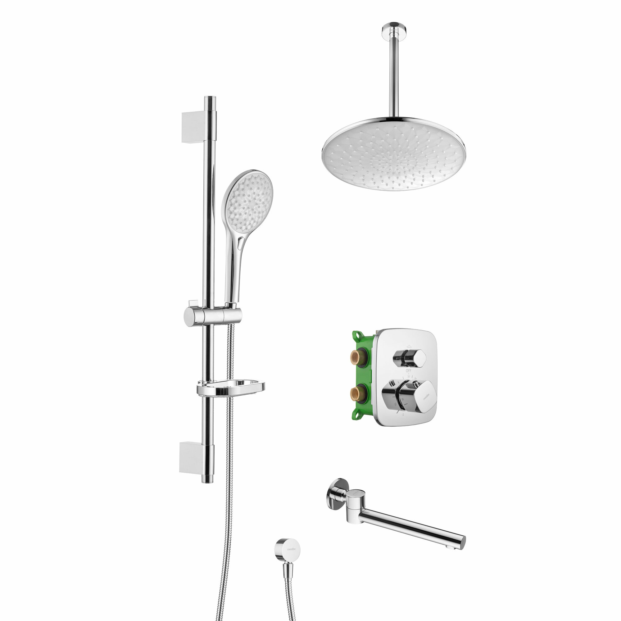 Душевой комплект со встраиваемым термостатическим смесителем (с монтажным боксом) и поворотным изливом Swedbe