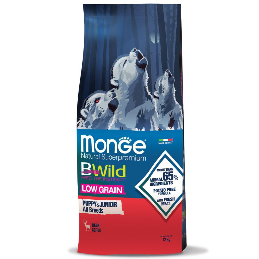 Сухой корм для щенков Monge Dog BWild Low Grain Puppy Junior, низкозерновой, с мясом оленя 12 кг