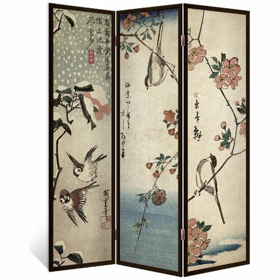 Ширма перегородка Декор Депо для комнаты деревянная "Японские птички" двухсторонняя с картинкой (уют) 3 створки венге 176х140 см 11 кг