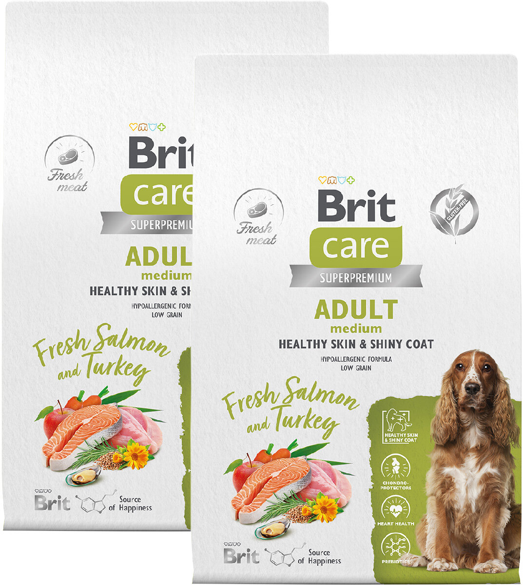 BRIT CARE DOG ADULT MEDIUM HEALTHY SKIN & SHINY COAT для взрослых собак средних пород при аллергии с лососем и индейкой (12 + 12 кг)