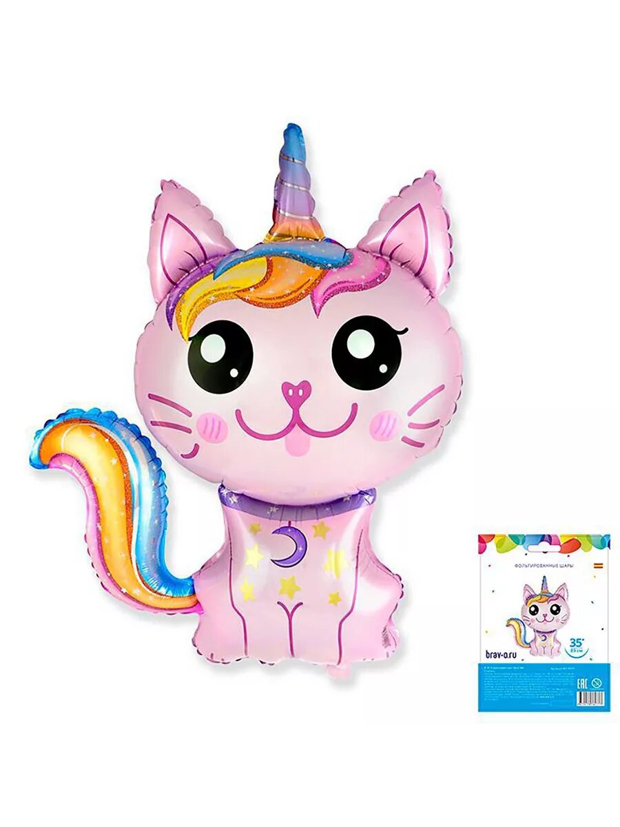 Кошка-единорог (фуксия) в упаковке, фольгированный шар (35"/89 см ) 1 шт. / FLEX METAL, Испания