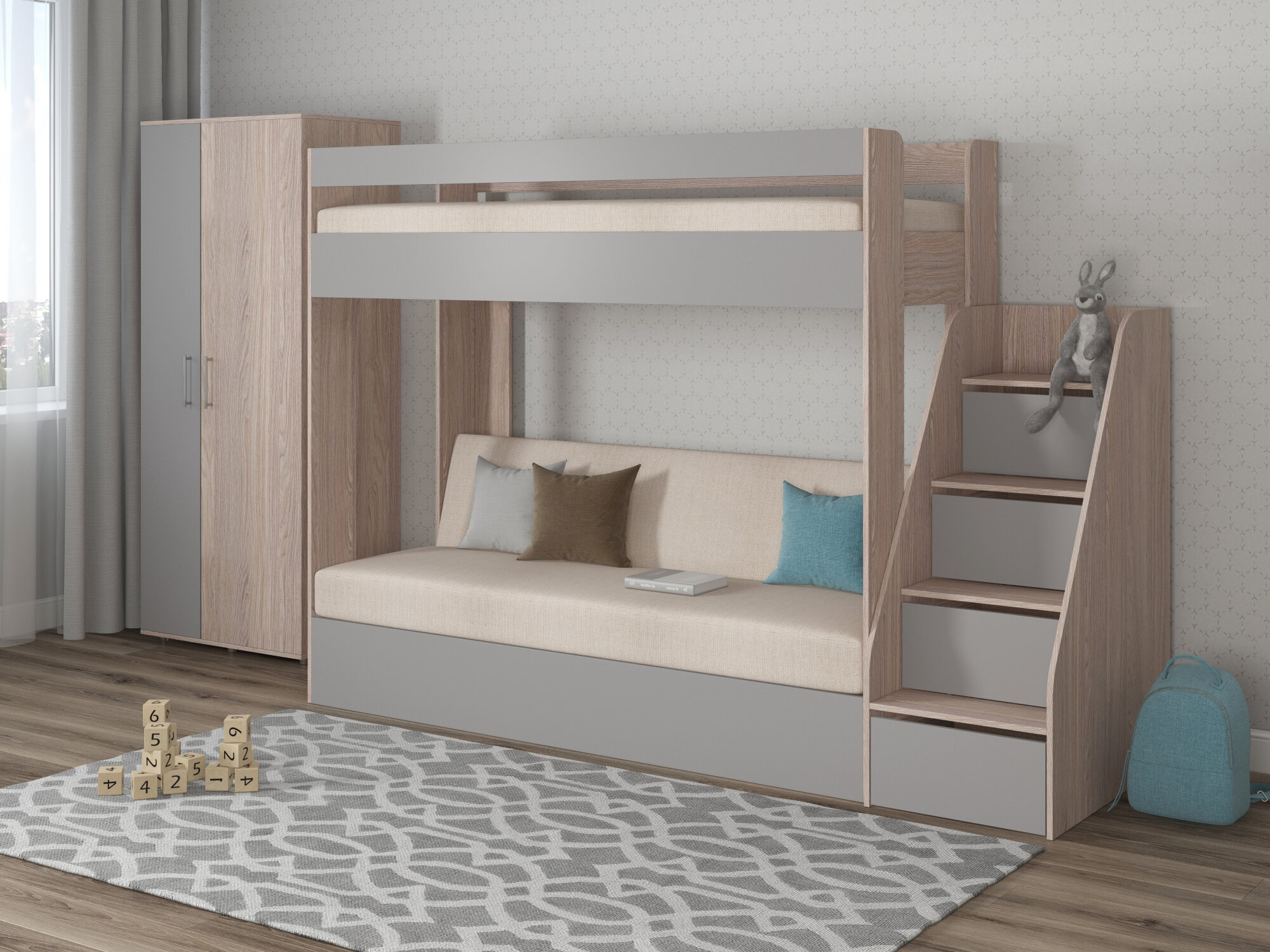 Кровать двухъярусная с диваном, матрасом и комодом Есэндвич Лаворо (Анкор светлый/Вулканический серый/Savana Plus Ivory)