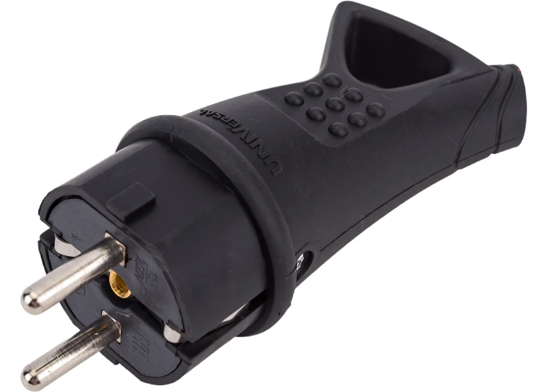 Вилка силовая кабельная UNIVersal / Юниверсал угловая однофазная с заземляющими контактами и ушком в корпусе из каучука, черная, 16А 250В, IP44 / электрика