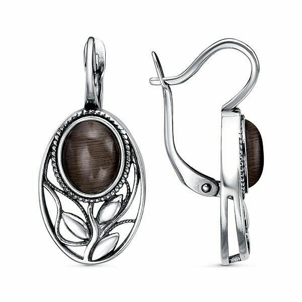 Серьги, серебро, 925 проба, чернение, кошачий глаз синтетический