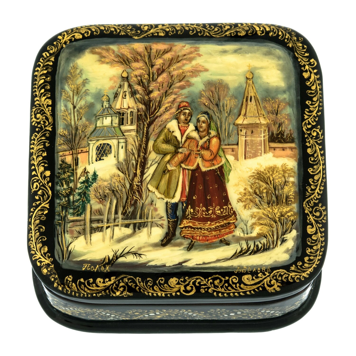 202004-6*6см Лаковая миниатюра Палех шкатулка парочка Белова