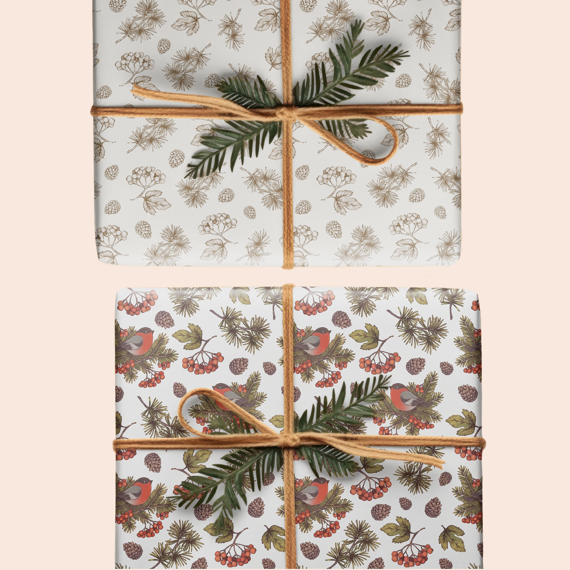Упаковочная бумага мелованная (дизайн - шишки/снегири), 2 листа 50х70 см, 90г/м2, арт. ДБ017