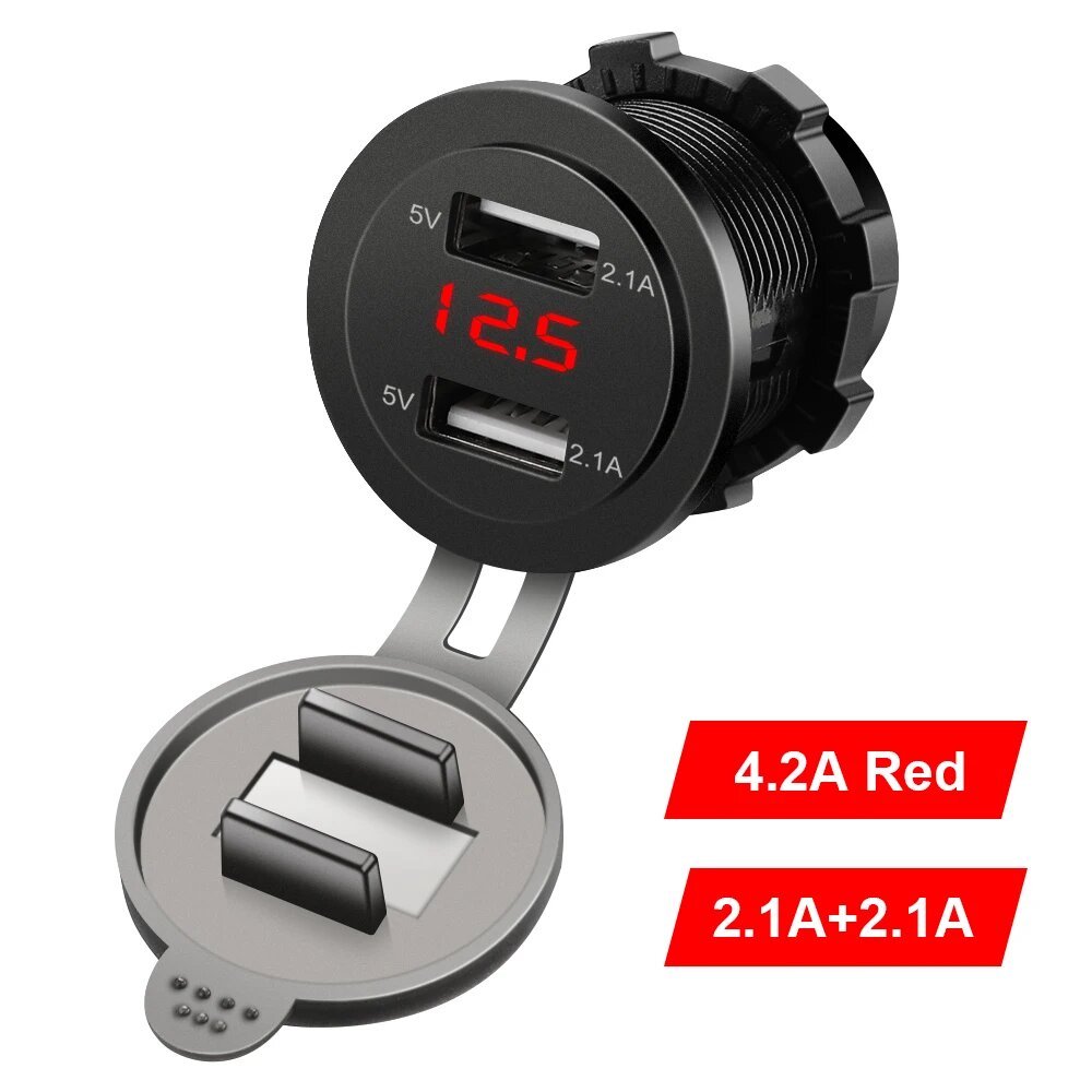Автомобильный USB разветвитель 2.1A+2.1A, 4.2A Red, с вольтметром