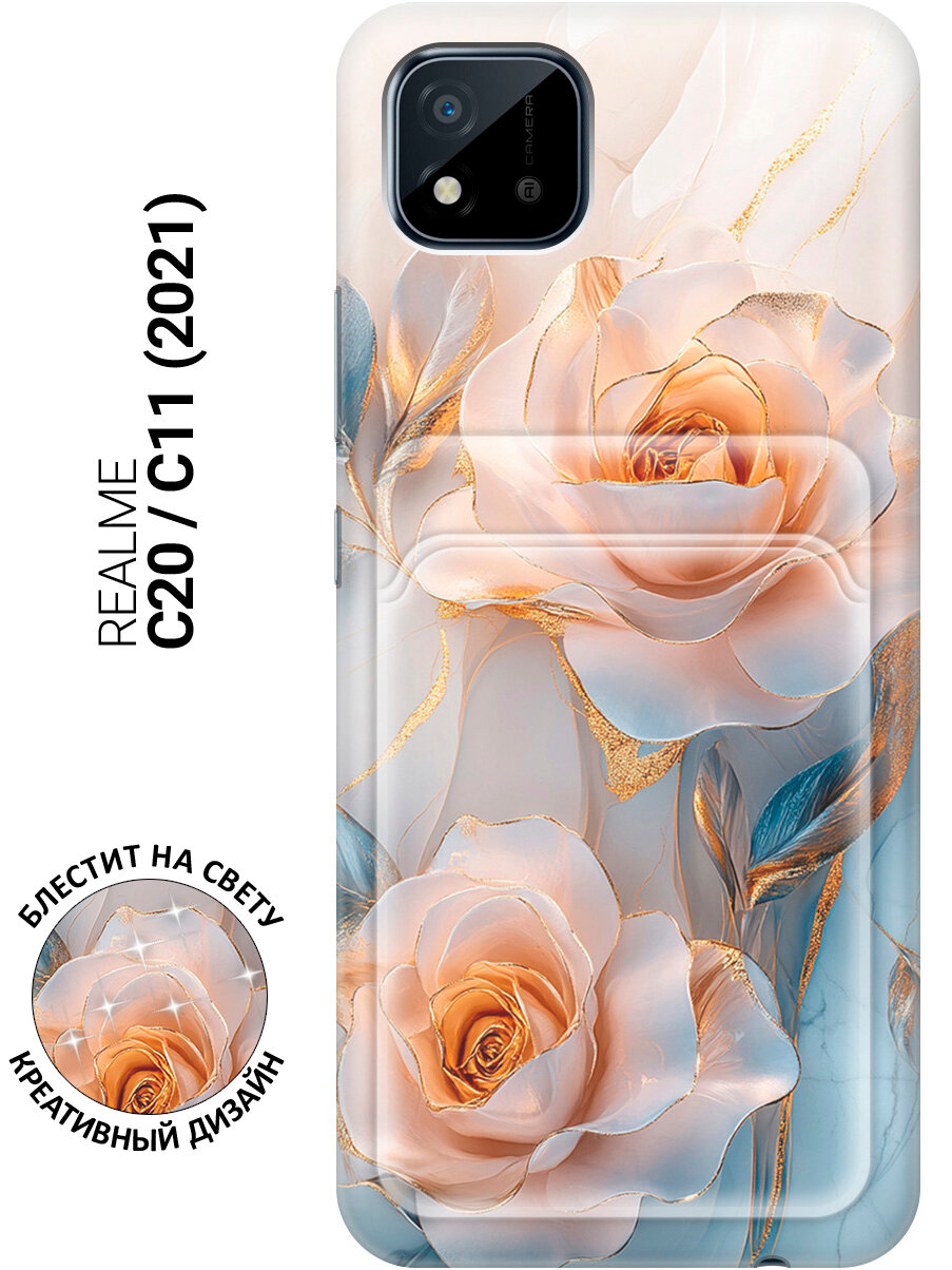 Силиконовый чехол на realme C20 / C11 (2021) с принтом "Белые розы на мраморе" с карманом для карты