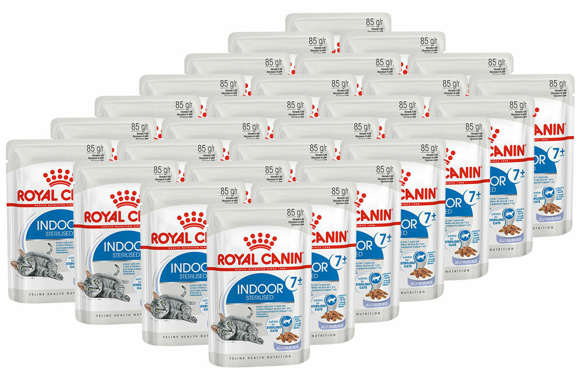 Корм влажный Royal Canin Indoor Sterilised 7+ для пожилых стерилизованных кошек живущих дома в желе пауч, 85 г х 28 шт
