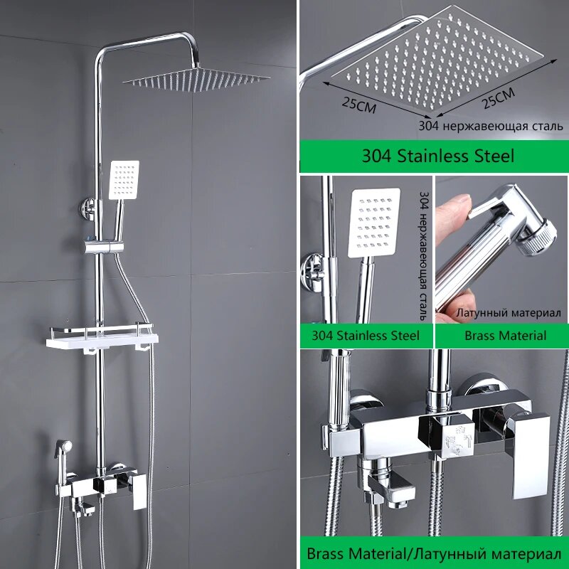 Кран для душа OXG Black/Chrome из латунного сплава с смесителем для ванной, система душа, дождевой душ, комплект душа, душевая форсунка для ванной — Chrome-4Ways-10 дюймовB