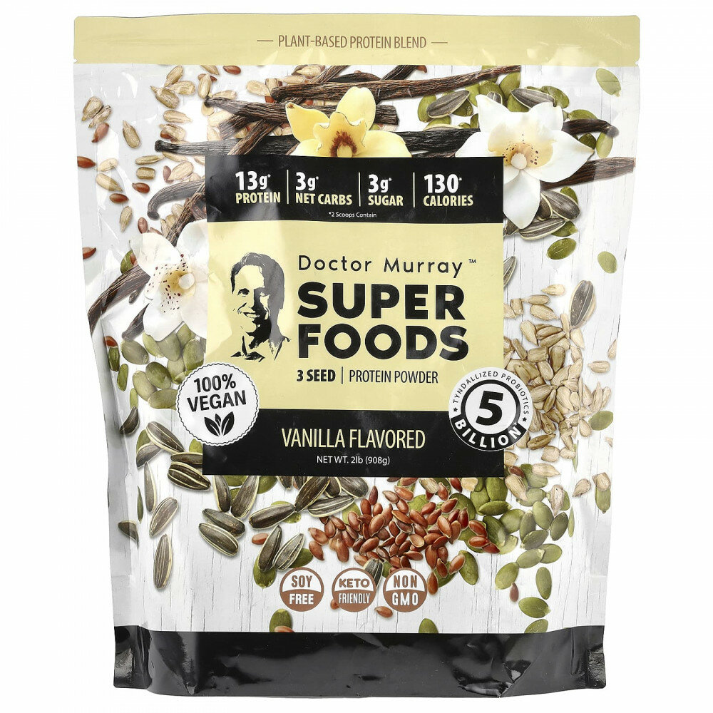 Dr. Murray's, Super Foods, порошок из 3 протеинов, тыква + лен + подсолнечник, ваниль, 908 г (2 фунта)