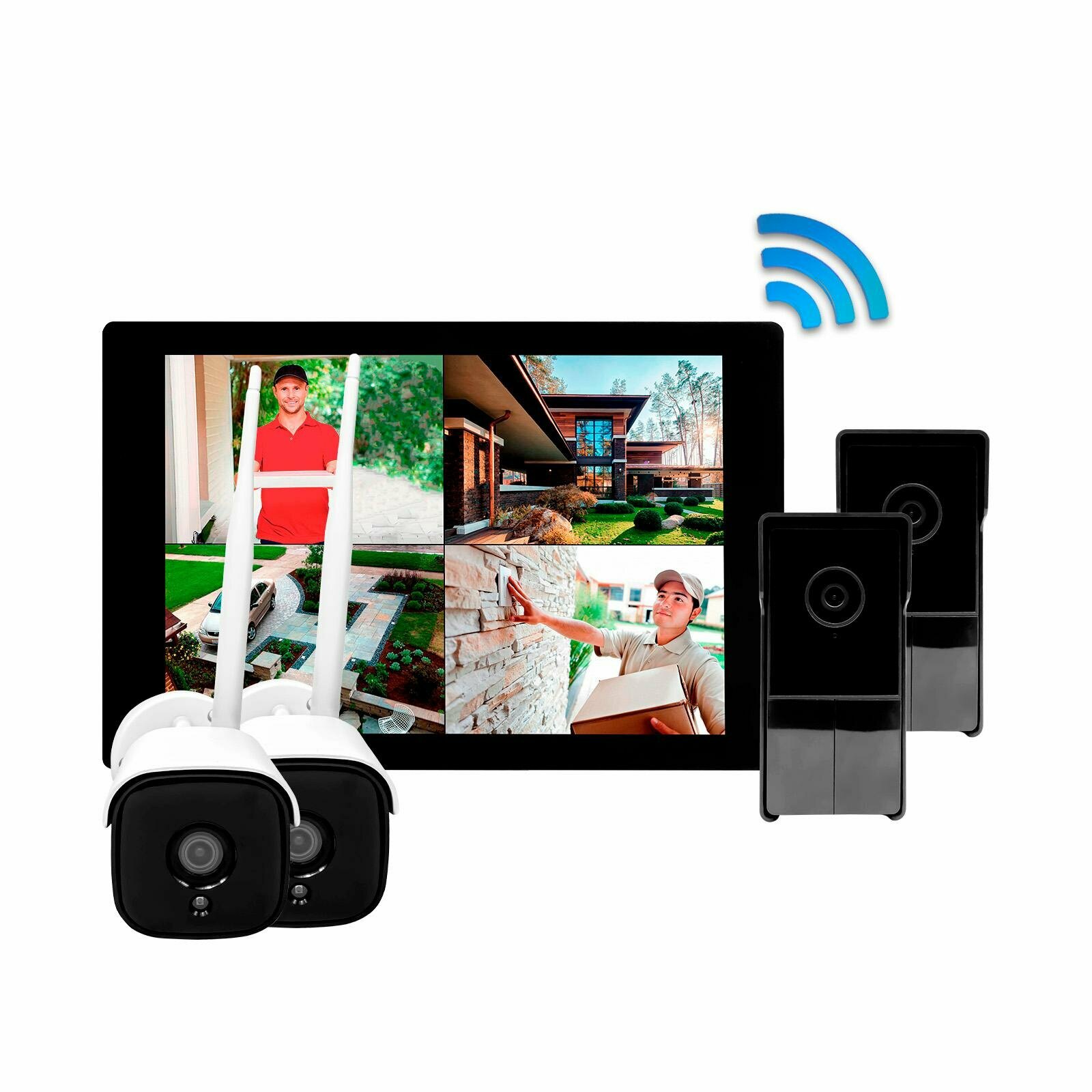 Радиоканальный видеодомофон с 2 камерами и 2 вызывными панелями - СкайНет 1000 (2+2)-LCD (N50044BE): HD Wi-Fi монитор 10 дюймов, вызывная Wi-Fi пане