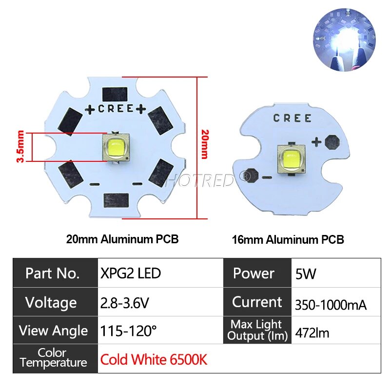 Светодиод HotRed XPG2 5W 20mm, 6500K, 3-3.6V