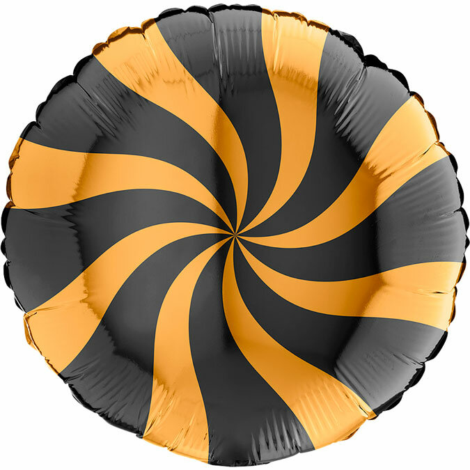 Воздушный шар из фольги. Леденец, круг, черный/золото (18'/46 см, ITA)