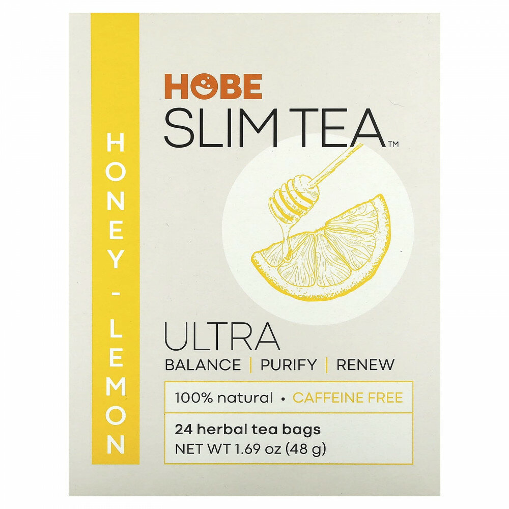 Hobe Labs, Ultra Slim Tea, мед и лимон, без кофеина, 24 травяных чайных пакетика, 48 г (1,69 унции)