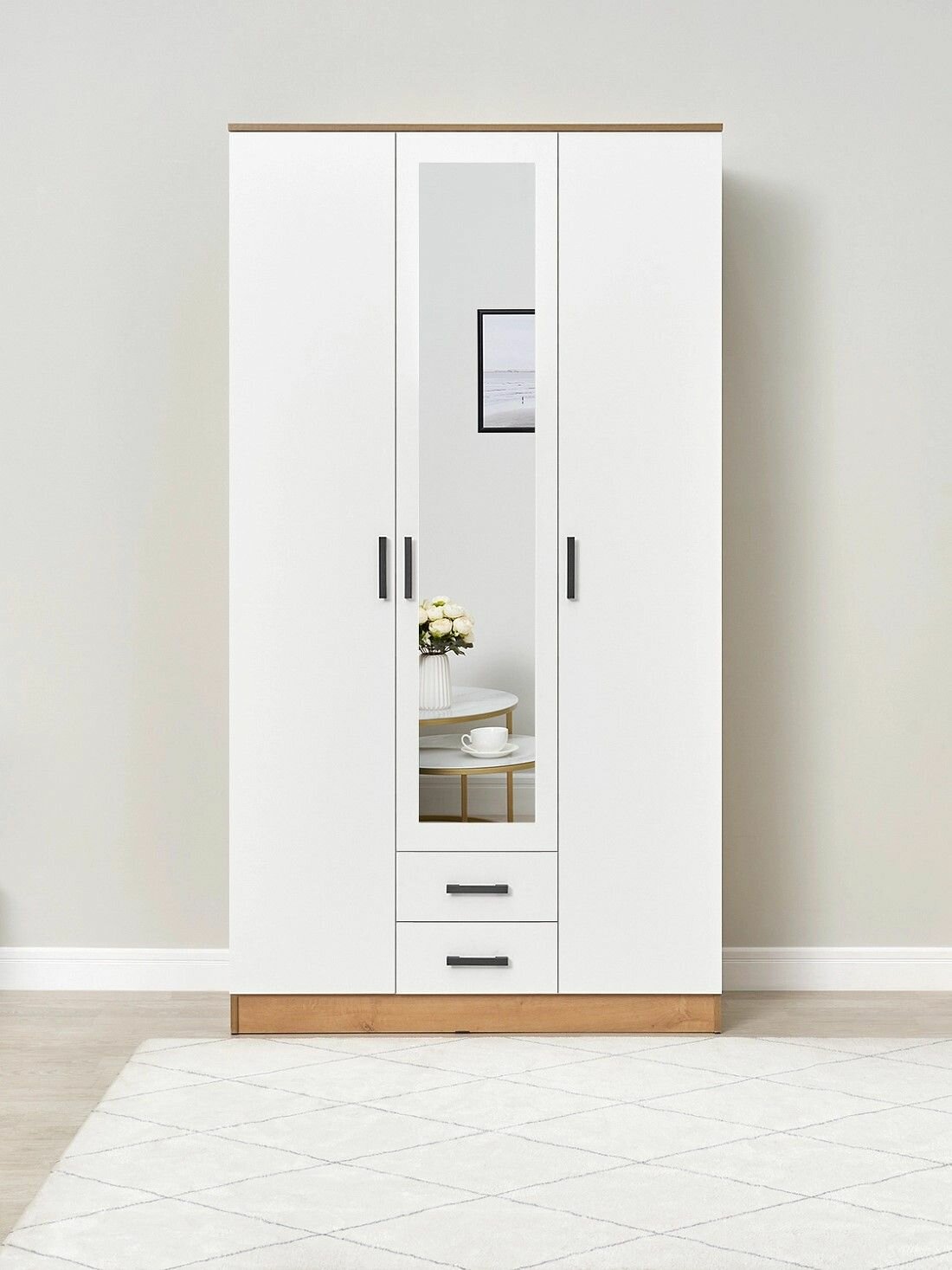 Шкаф распашной Трио Дуб Вотан- Белый гладкий с зеркалом, 2 ящика