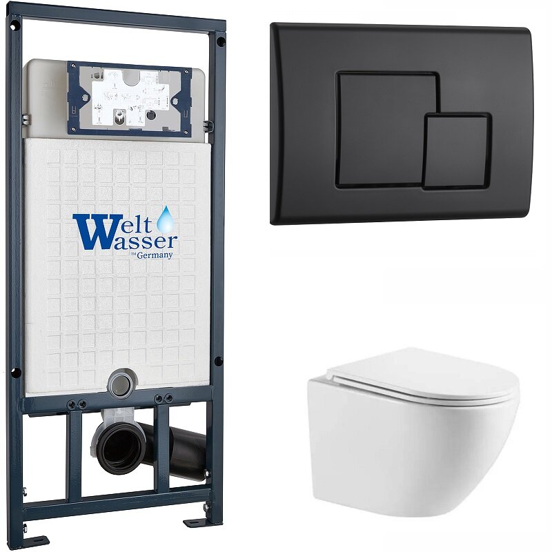 Унитаз подвесной WeltWasser MARBERG 507+MERZBACH 043 XL GL-WT+MAR 507 SE MT-BL белый/кнопка черная матовая, безободковый, с крышкой микролифт, с инсталляцией, слив торнадо