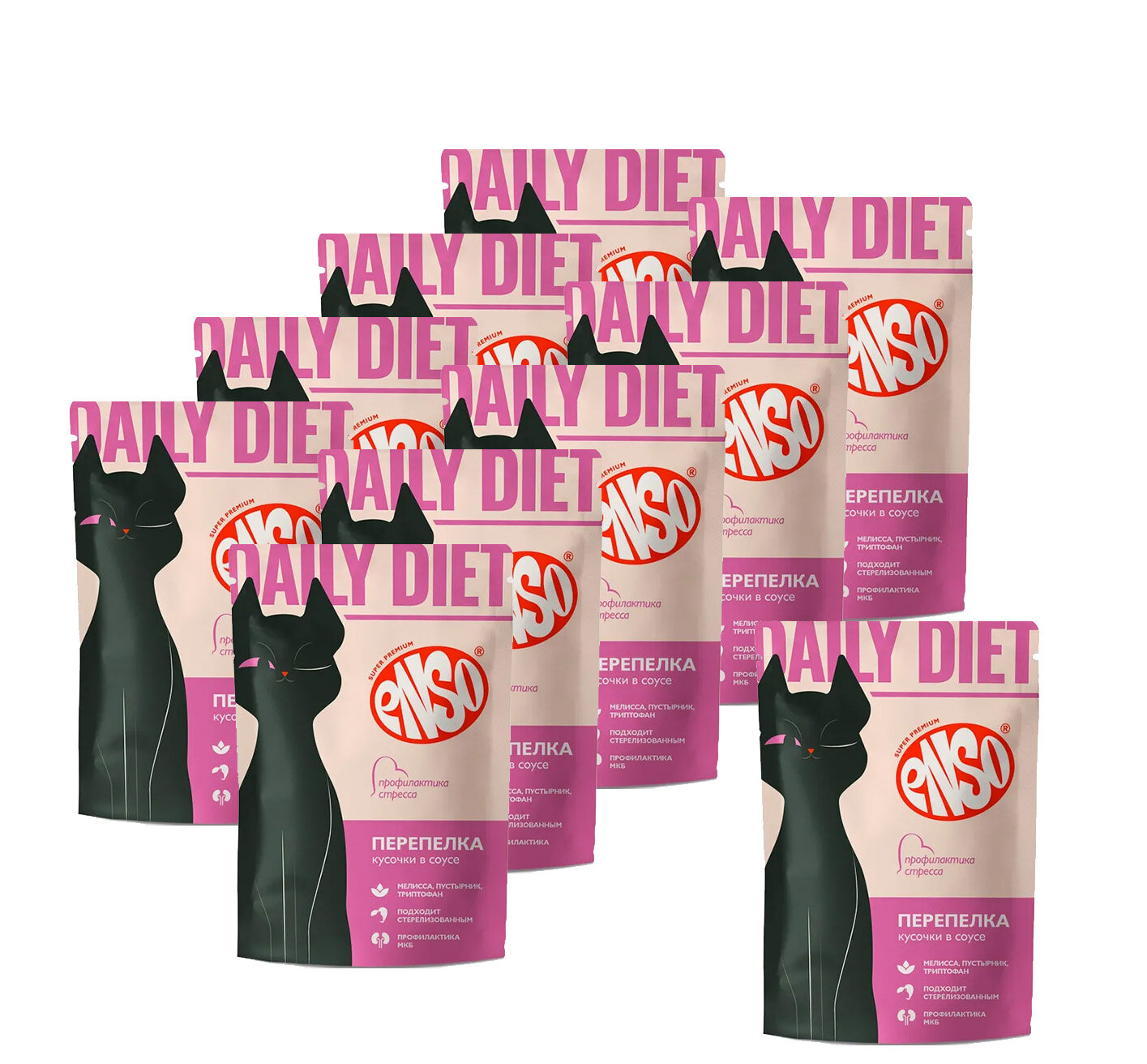 ENSO DAILY DIET Корм влажный полнорационный для взрослых кошек, профилактика стресса, кусочки в соусе с перепелкой, пауч 85г x 10 шт.