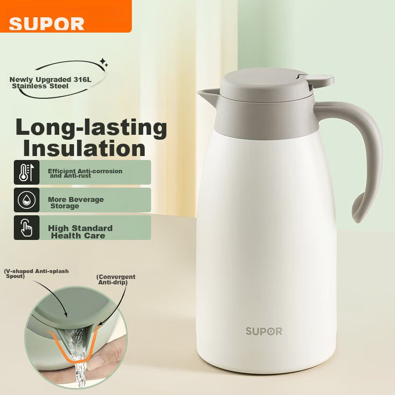 Supor Insulated Bottle, Large Capacity for Home Use, 316L Stainless Steel Vacuum Insulated Thermos, Hot Water Kettle, Warm Water Bottle, Boiling Water Bottle, 2.3L