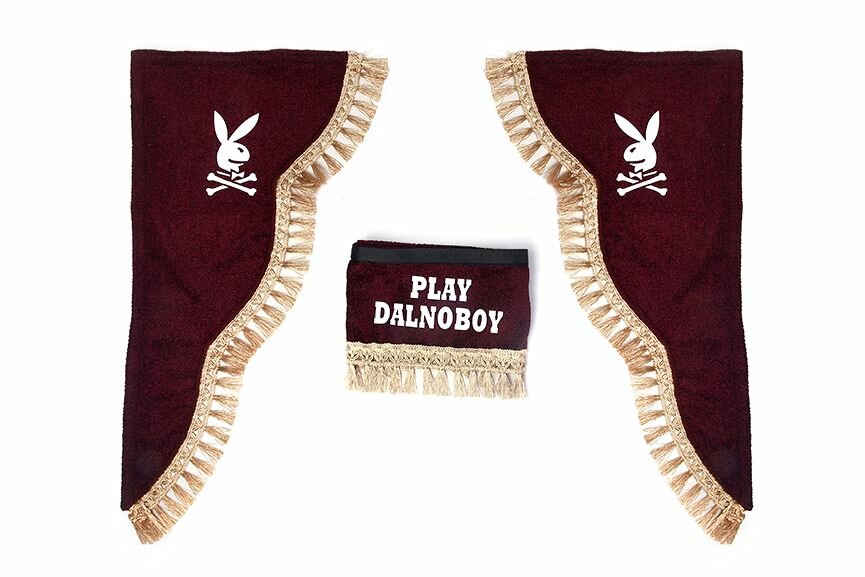 Ламбрекен лобового стекла и угол "PLAY DALNOBOY" Газель (Красный с золотистой бахромой)