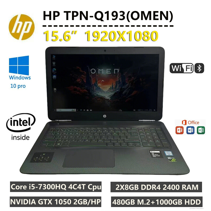 ноутбук 15.6" HP OMEN TPN-Q193 (CORE i5-7300HQ CPU+2X8GB DDR4 2400 RAM+480GB M.2 NGFF SSD+1000G HDD+NVIDIA GTX1050 2G+Intel HD Graphics 630+1920X1080 IPS 4K+WiFi+ bluetooth ) Win 10 pro