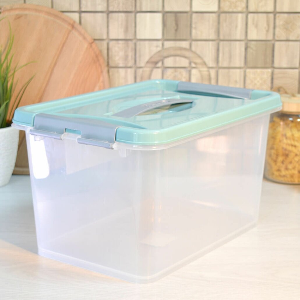 Контейнер пластиковый 10л с защелками и ручкой «Клик», бирюзовый, для хранения