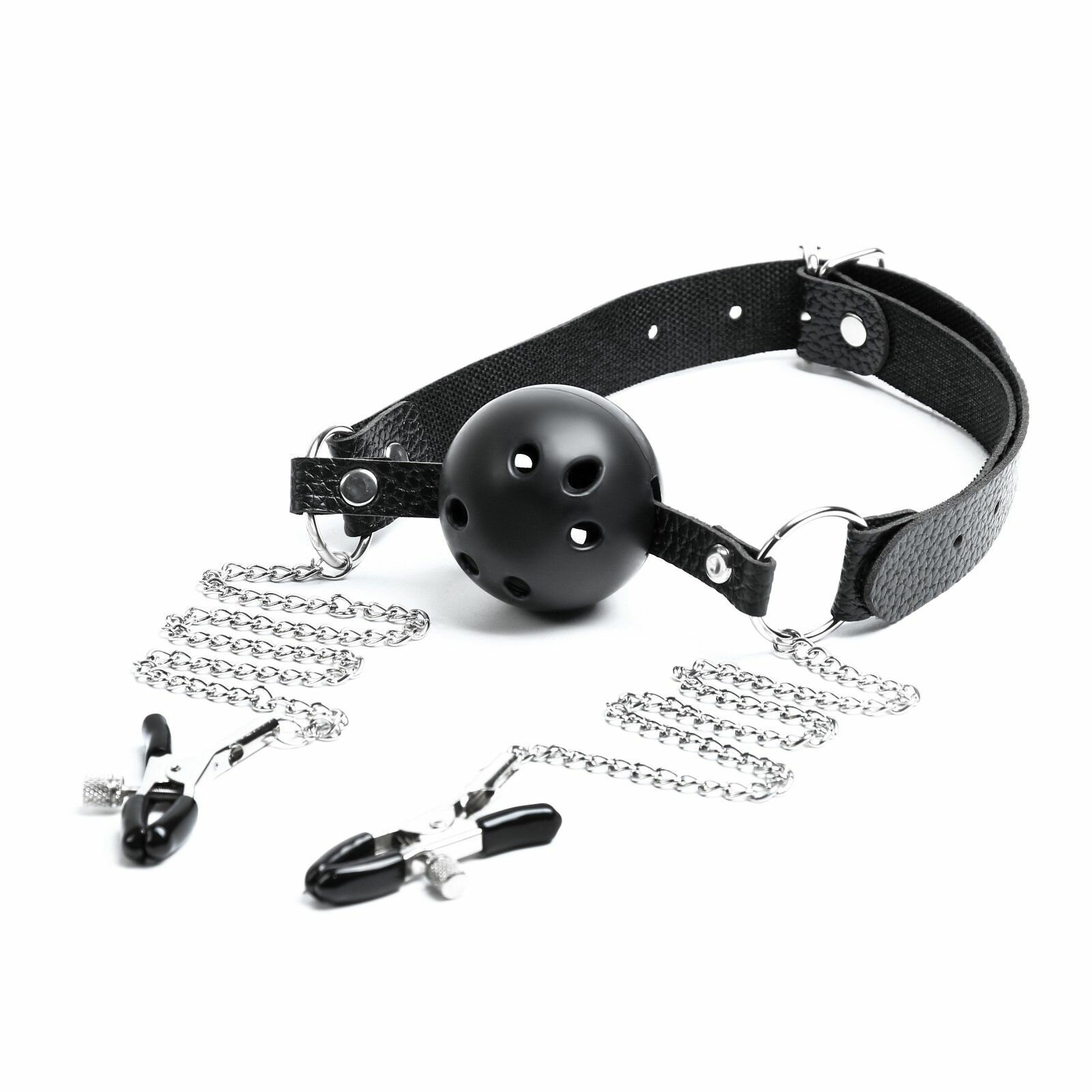 Кляп БДСМ с зажимами для сосков, кожа, металл, черный