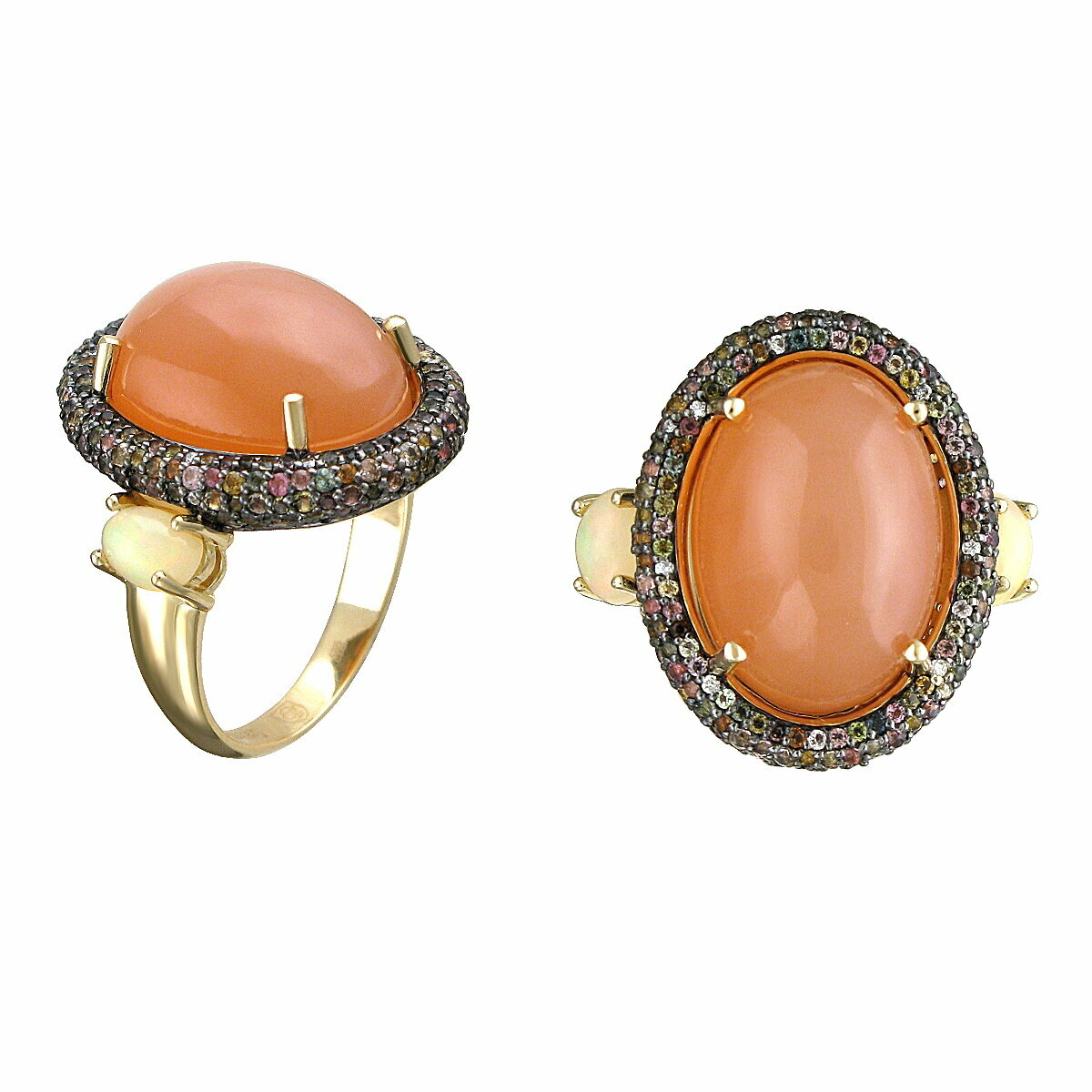 Кольцо, желтое золото, 585 проба, опал, лунный камень, бриллиант