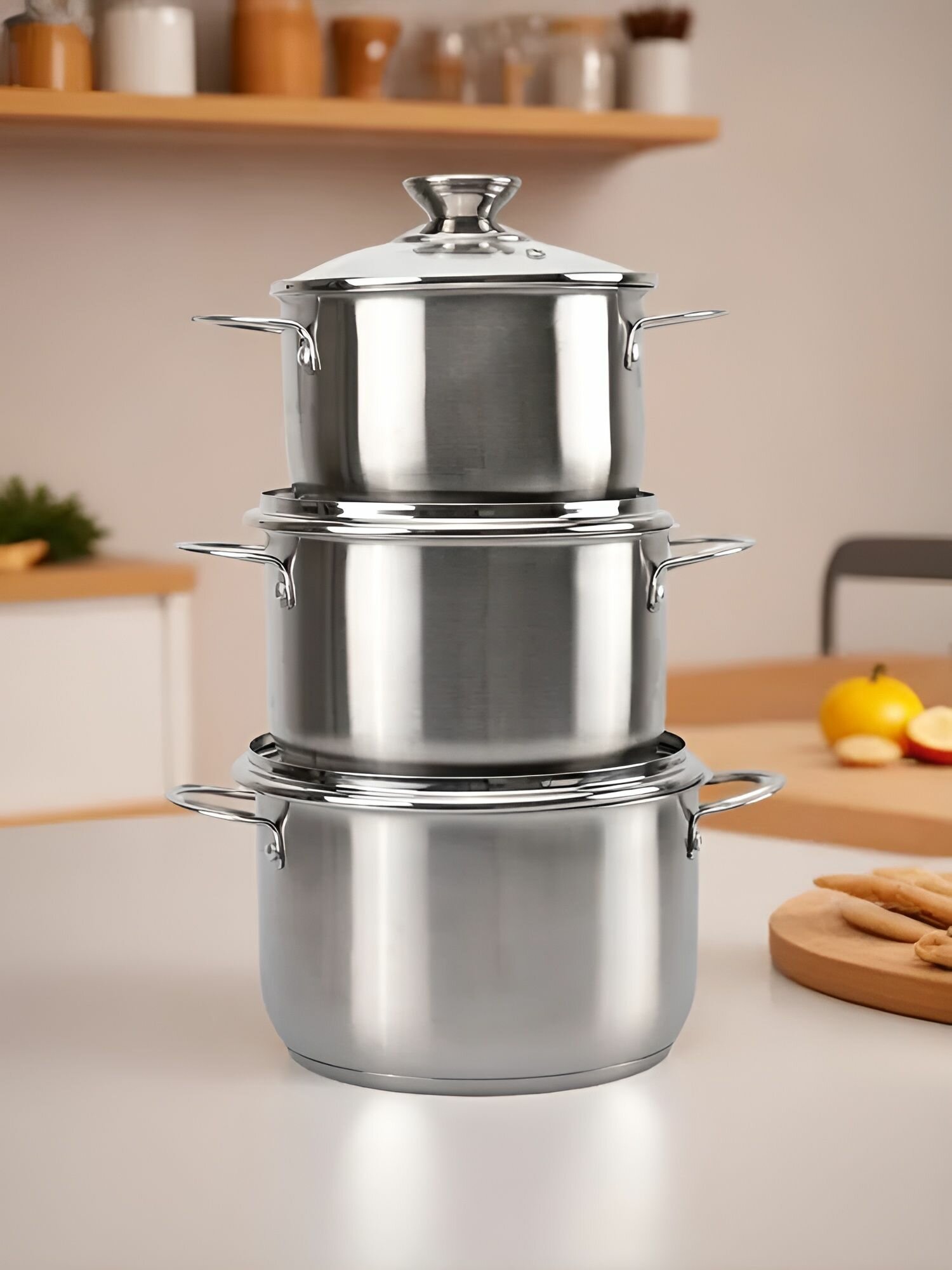 Набор Кастрюль С Крышкой И Толстым Дном Для Кухни и Готовки. Маленьких, Больших Из Нержавеющей Стали Для Газовых, Электрических, Индукционных Плит. Серебристый, 3шт