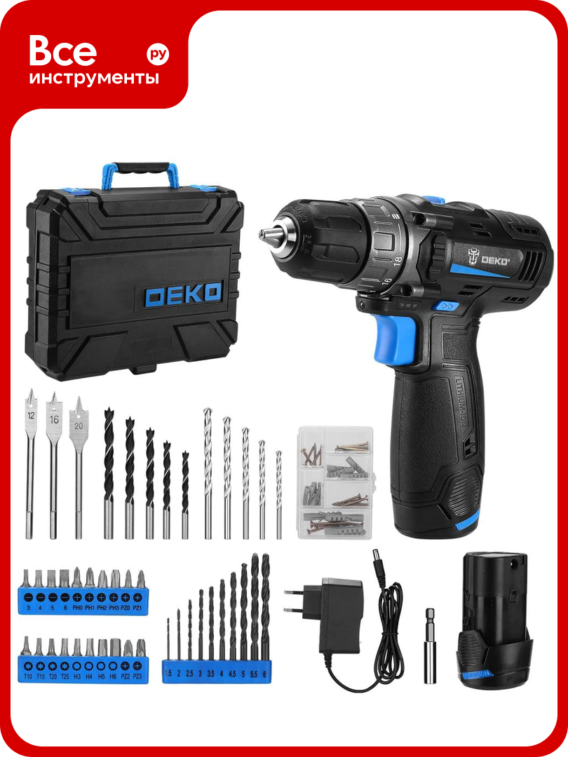 Аккумуляторная дрель-шуруповерт DEKO DKCD12 в кейсе + набор инструментов 92 шт, 12В