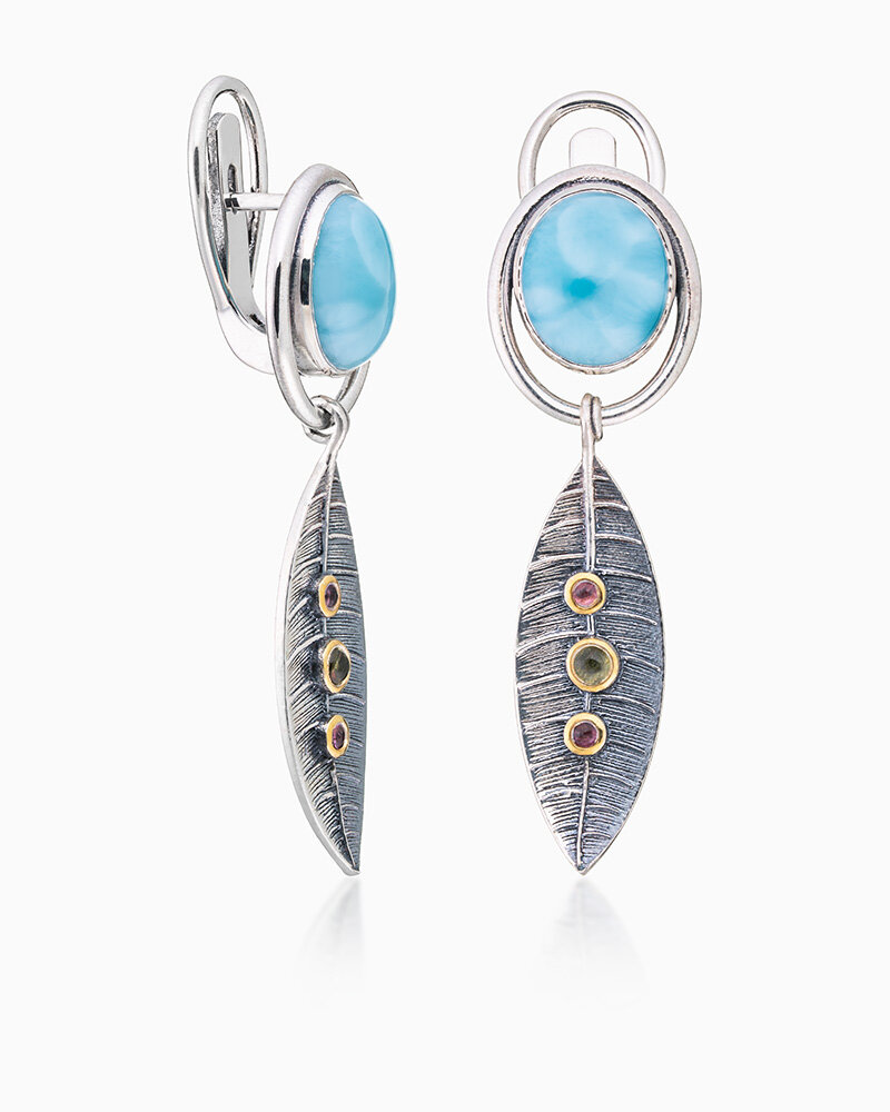 Серьги, серебро, 925 проба, ларимар, турмалин