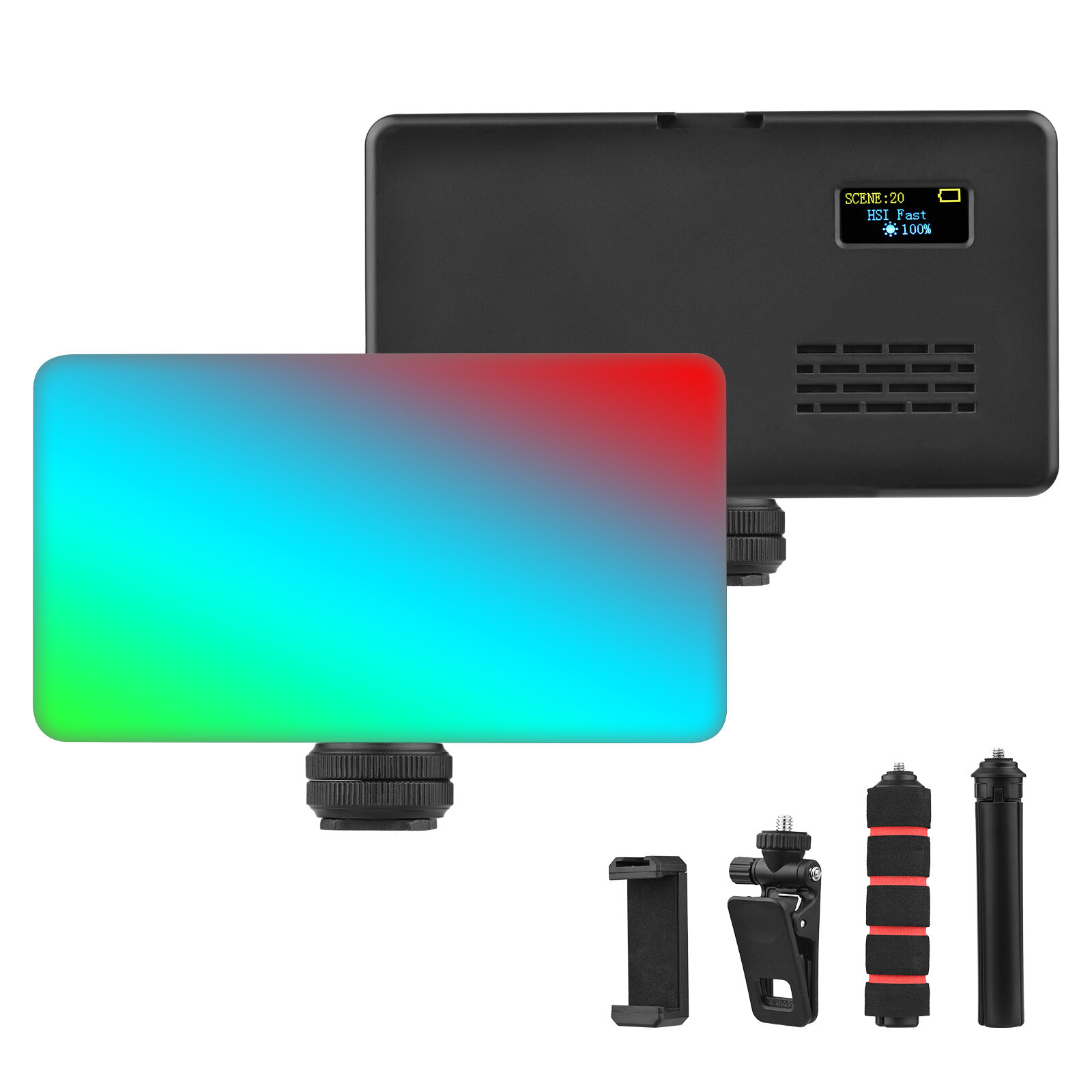 Комплект портативных RGB Видеоламп LED Fill Light 2500K-9000K с регулируемой яркостью 20 Эффектов Освещения Встроенная батарея с адаптером для холодного штыря Мини-трипод для стола Холдер для телефона Клепка для компьютера Черный 144 светодиода 10W 3.7V