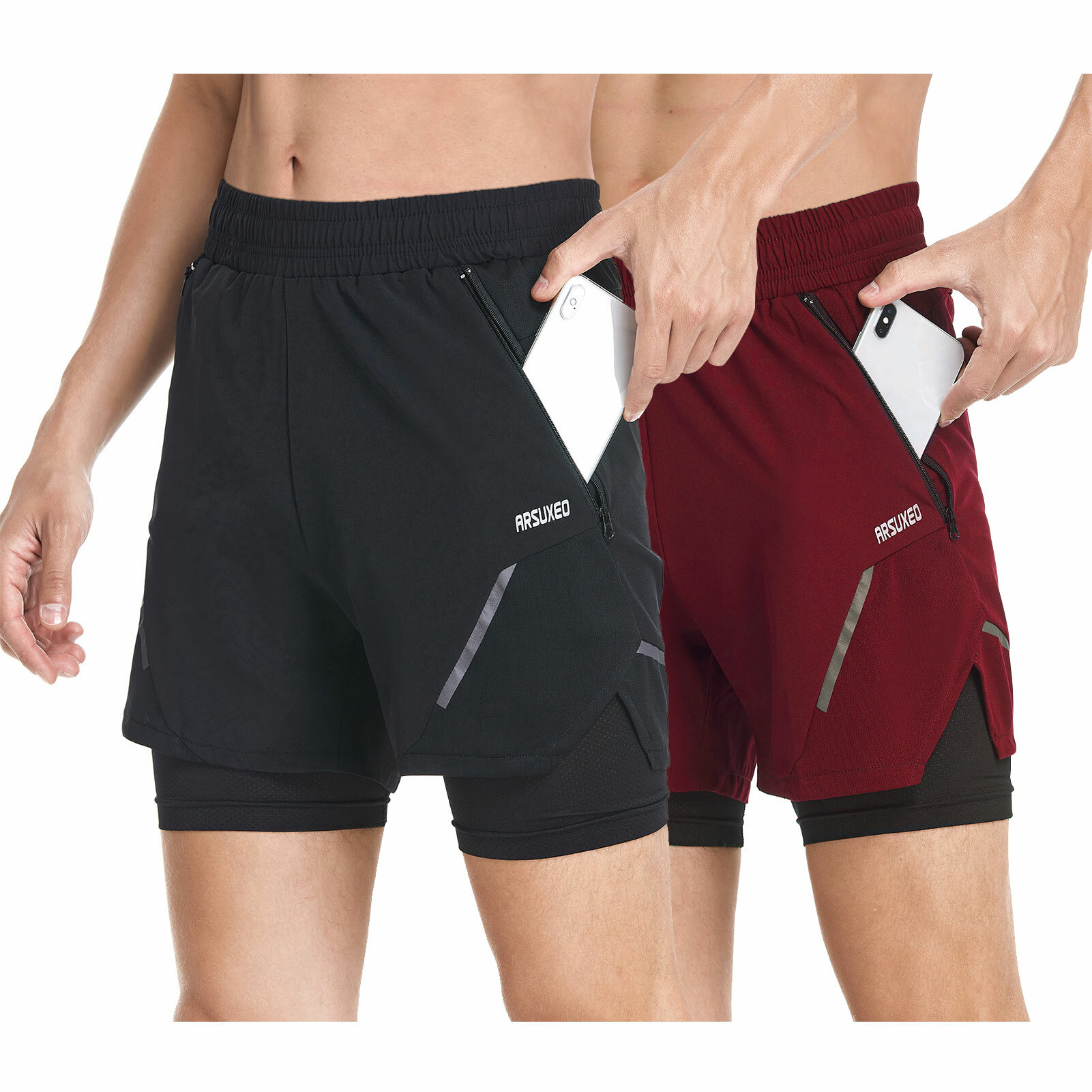Шорты для бега мужские 2-в-1 с зipper pockets быстротекущие для тренировки в зале, черный / черный&зеленый / светло-серый / темно-синий&черный / темно-красный&черный, размеры США S / M / L / XL / XXL, упаковка 2 штуки, внешний материал 92% полиэстер + 8%