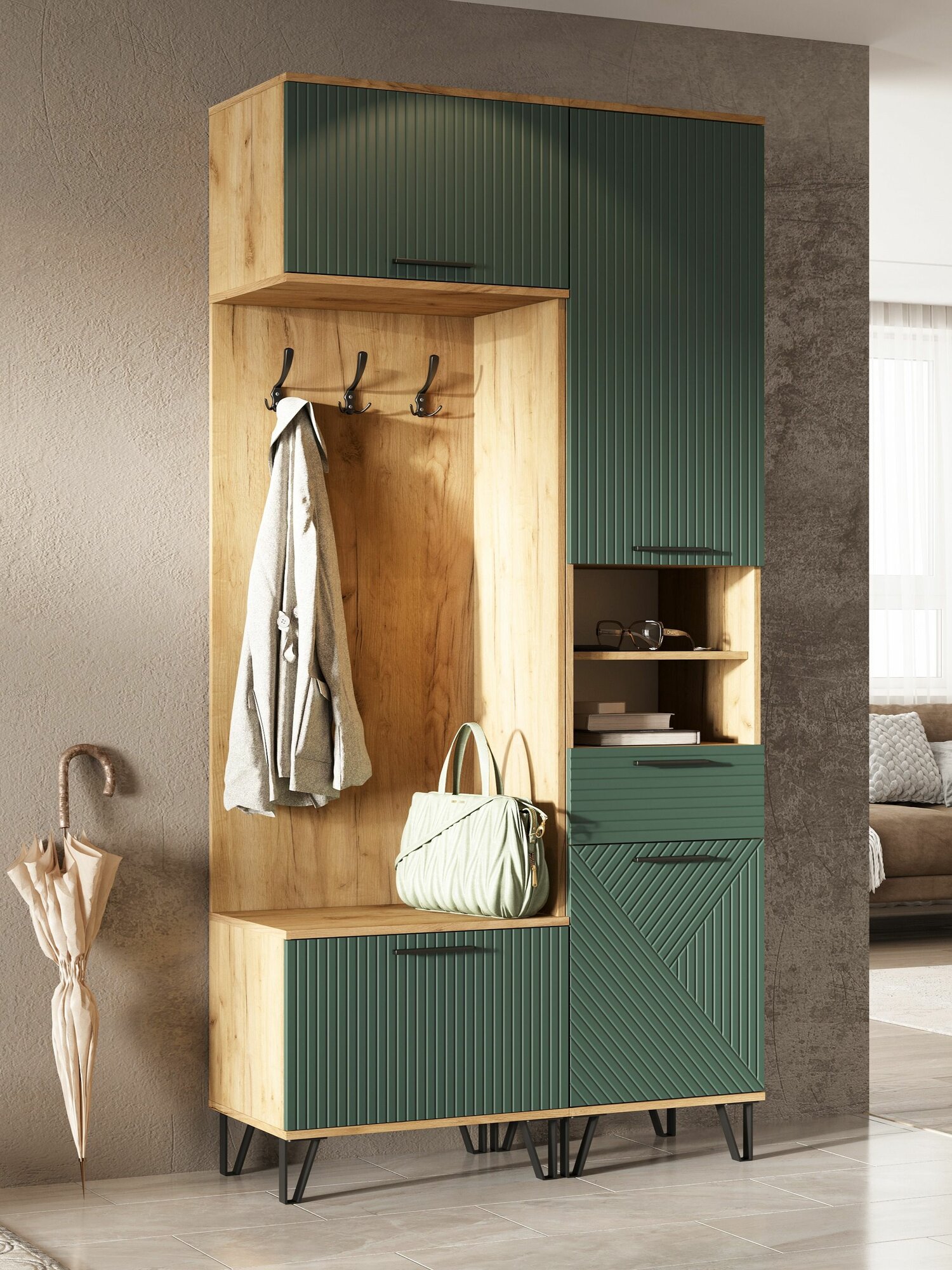 Прихожая Мебельная Фабрика Рай Флэш, дуб крафт, браш мени, зеленая, 45х213х41 см