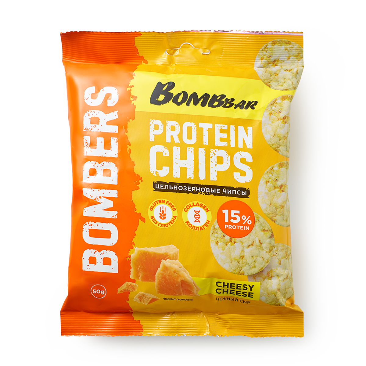 Чипсы Bombbar Bombers, протеиновые, цельнозерновые, нежный сыр, без глютена, 50 г