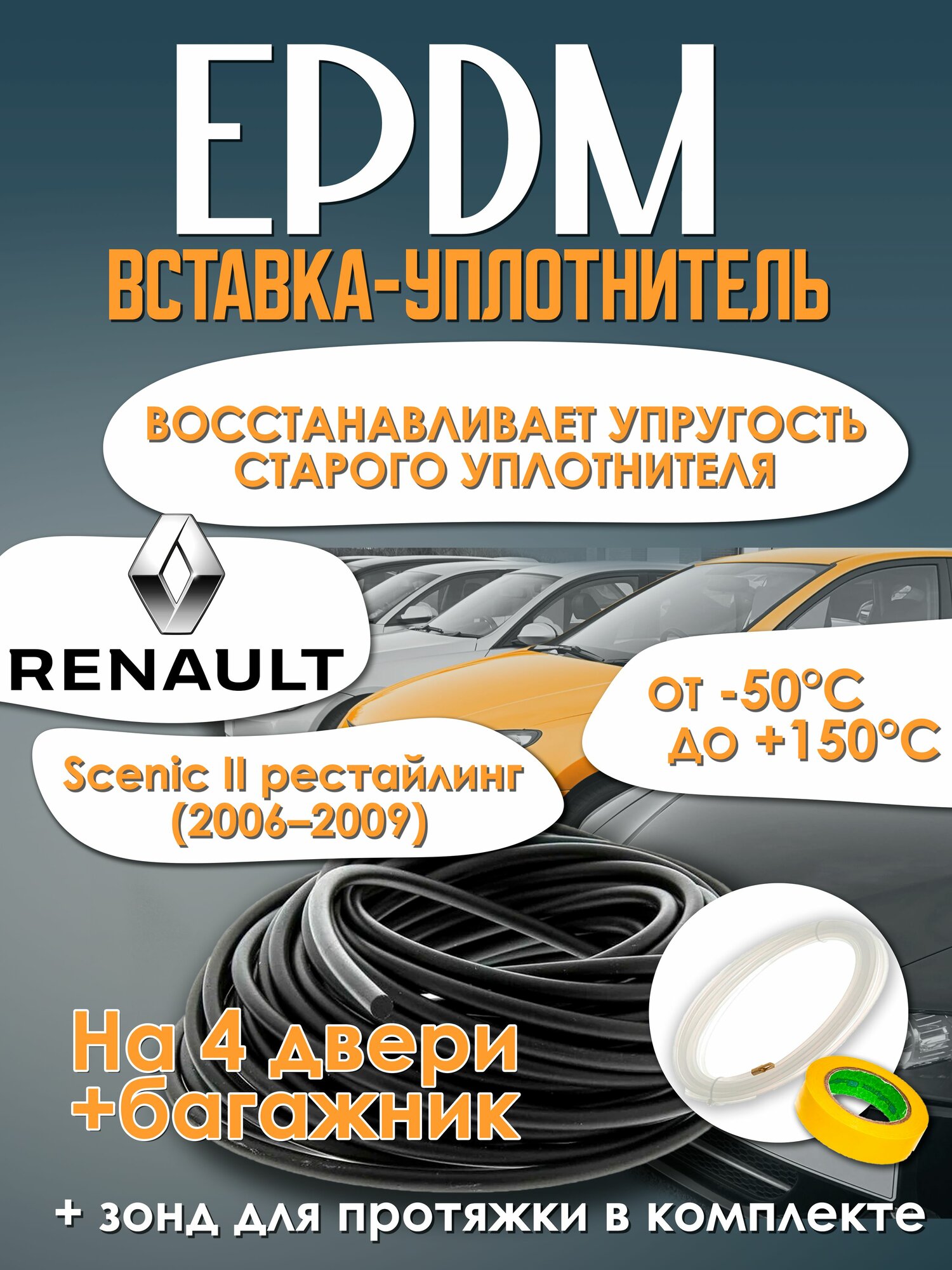 EPDM вставка-уплотнитель для дверей автомобиля Renault Scenic II рестайлинг (2006-2009) / Рено Сценик 2 поколение рестайлинг