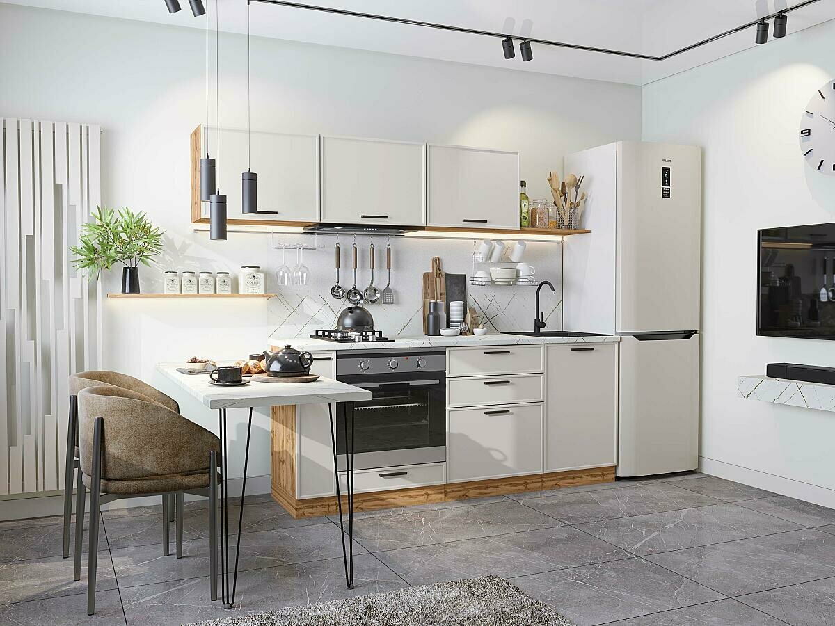 Готовый кухонный гарнитур кухня 2,3 м. 2,3 м. без столешницы Фрейм-01 Cream Silk, Дуб Вотан