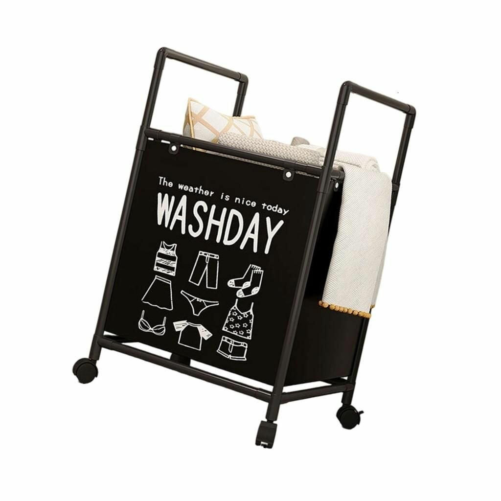 Тележка для белья с 2 полками и металлическим каркасом, Черный - Single