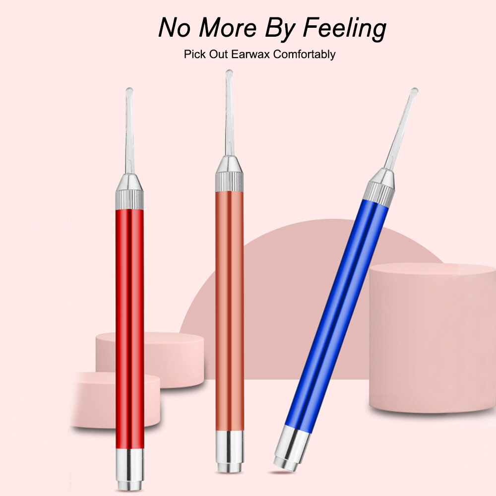 LED Light Earpick Ear Wax Remover with Light Curette Cleaner for Children and Adult Ear Care Set, Aluminum Alloy, Stainless-steel, Rose Gold, Red, Blue, 2 sizes of ear spoons, 1* Earspoon Handle, 2* Earspoon Head, 2* AAA Battery Not Included, Package