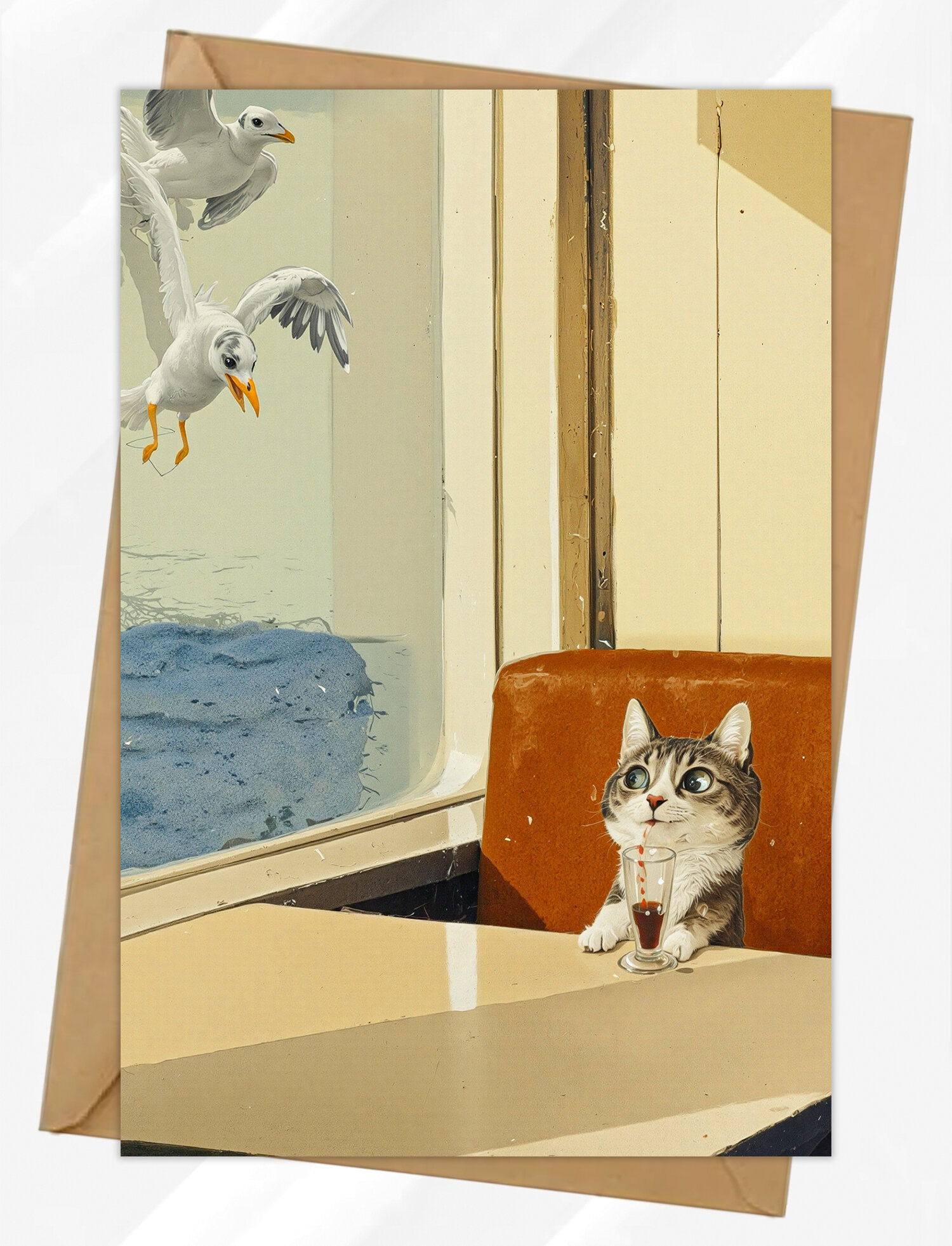 "Котик в кафе, лето" открытка (подходит под рамку 10х15см, плотная бумага, живопись)