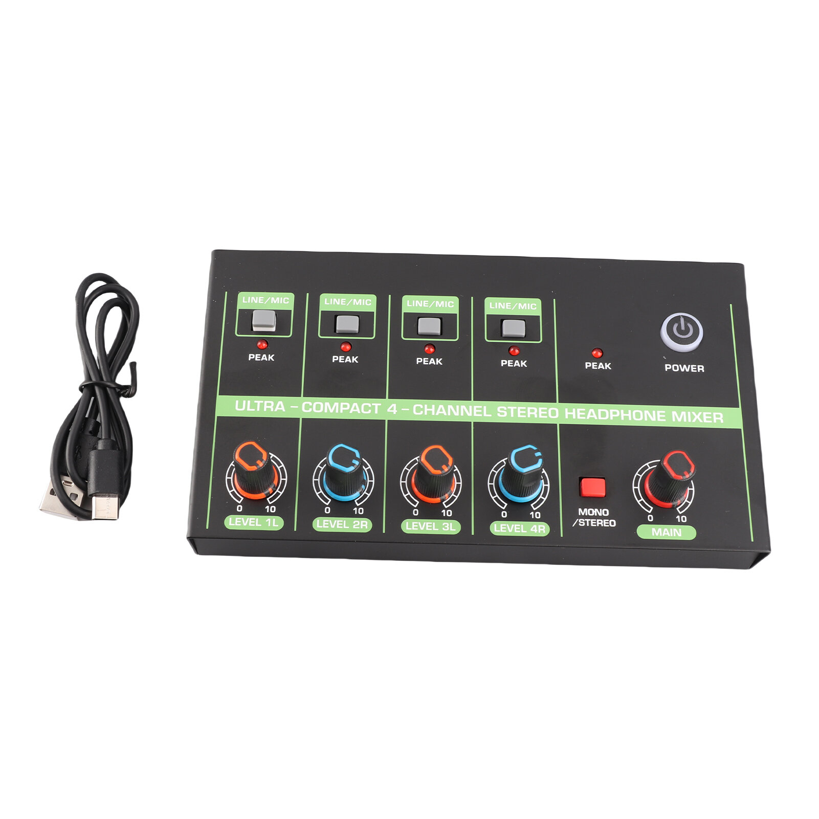 4-канальный аудиомикшер с микрофоном, низким уровнем шума, моно/стерео, линейный режим, переключение режимов LINE/MIC для проводных микрофонов, электронных пианино, компьютеров, гитар и барабанов.