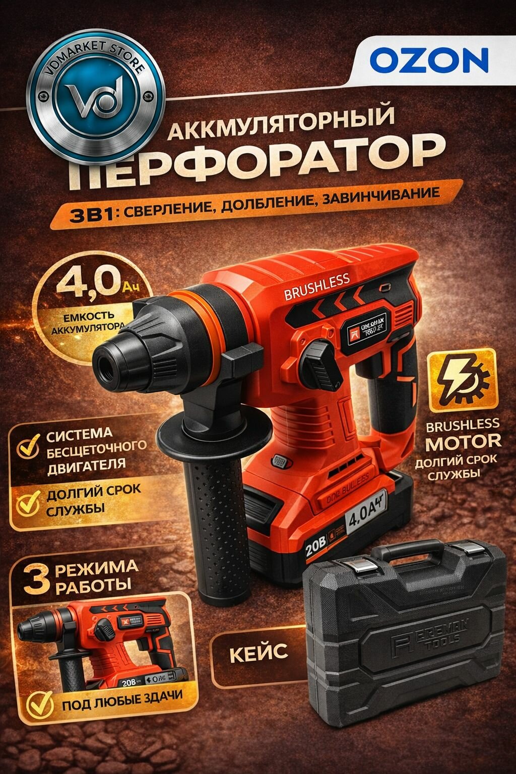 Перфоратор FOREMAN tools аккумуляторный бесщет. 20В НК02-20V