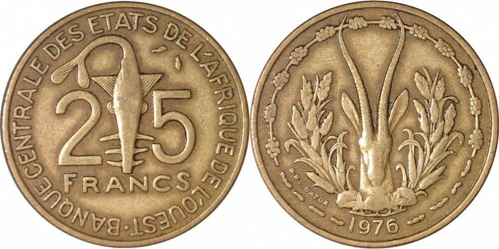 Западная Африка (всеао) 25 франков, 1970 - 1979 Газель XF