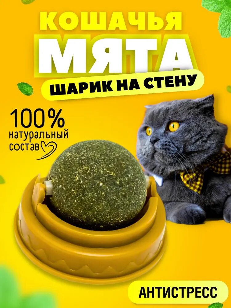 Кошачья мята игрушка для кошек - вращающийся мятный шарик на стену