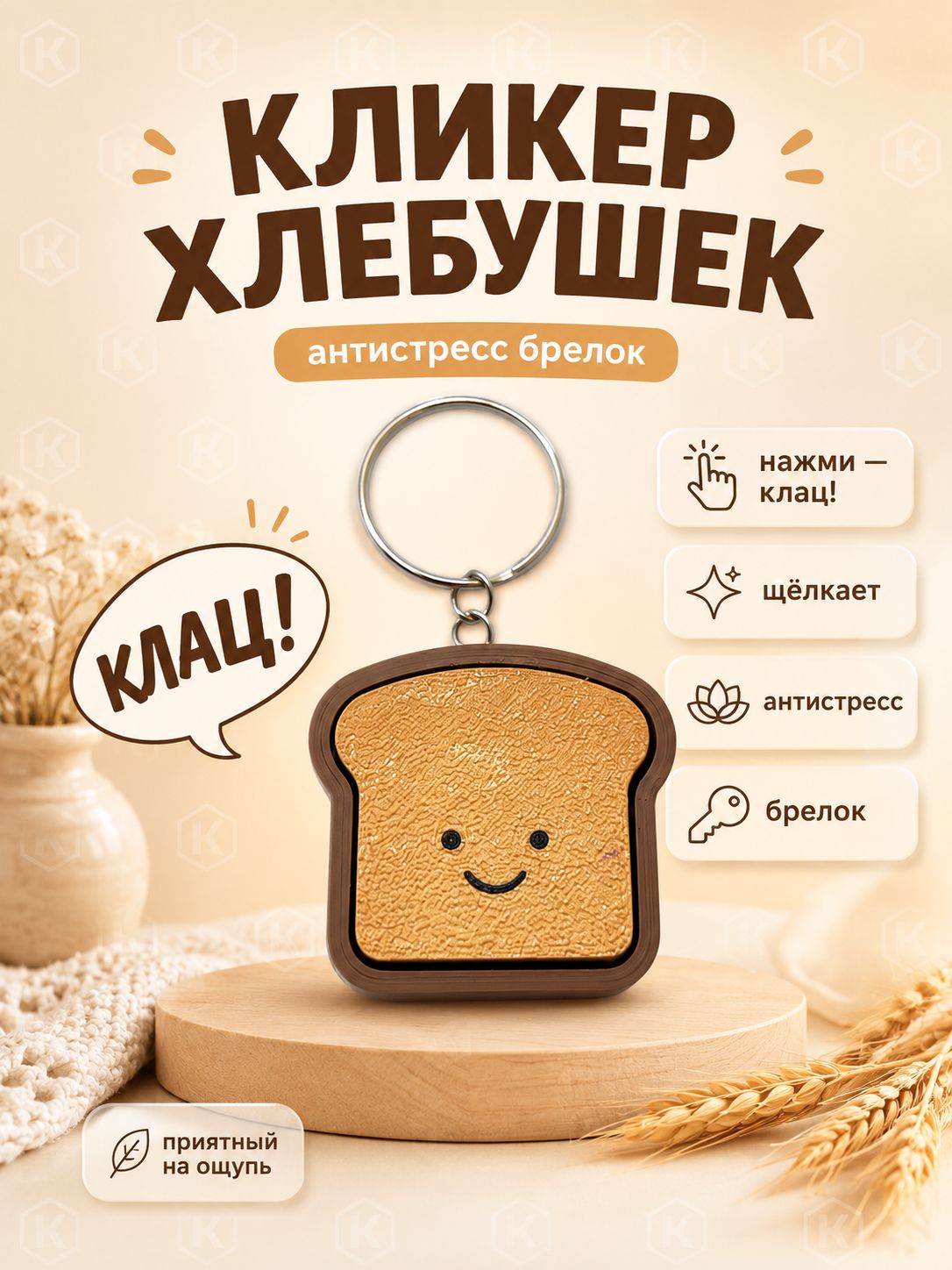 Игрушка-антистресс кликер в виде хлеба, брелок для ключей